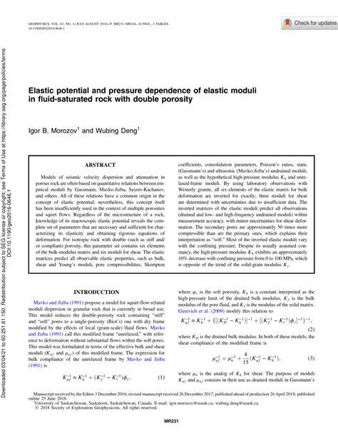 Pdf Elastic Potential And Pressure Dependence Of Elastic Moduli In Fluid Saturated Rock With