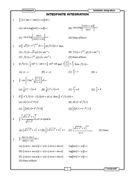 Indefinite Integration Question Pdf Indefinite Integration Question Pdf