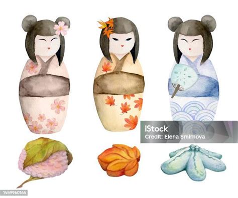 수채화 손으로 그린 일본 전통 과자 코케시 인형이 있는 계절 와가시 흰색 배경에 격리 초대장 레스토랑 메뉴 인사말 카드 인쇄 섬유 디자인 일본 창문 차임벨에 대한 스톡 벡터