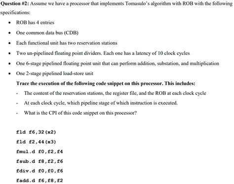 solved question 2 assume we have a processor that implements tomasulo s algorithm with rob