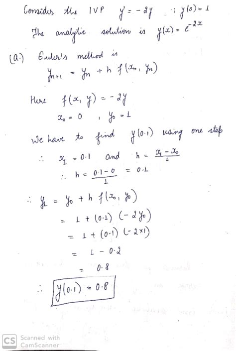 Eulers Method Consider The Initial Value Problem Y′ −2y Y0 1