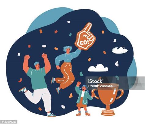 성취 기쁨 축하 개념의 만화 벡터 일러스트레이션 행운을 축하하고 즐거운 시간을 보내는 아이들과 함께 뛰어 다니는 행복한 쾌활한 즐거운 가족 가족에 대한 스톡 벡터 아트 및