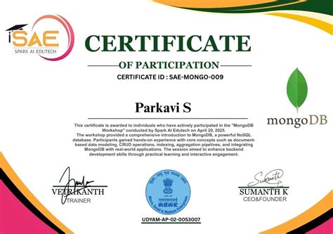 Mongodb Backenddevelopment Nosql Workshop Certificate Learning Parkavi Sakthivel