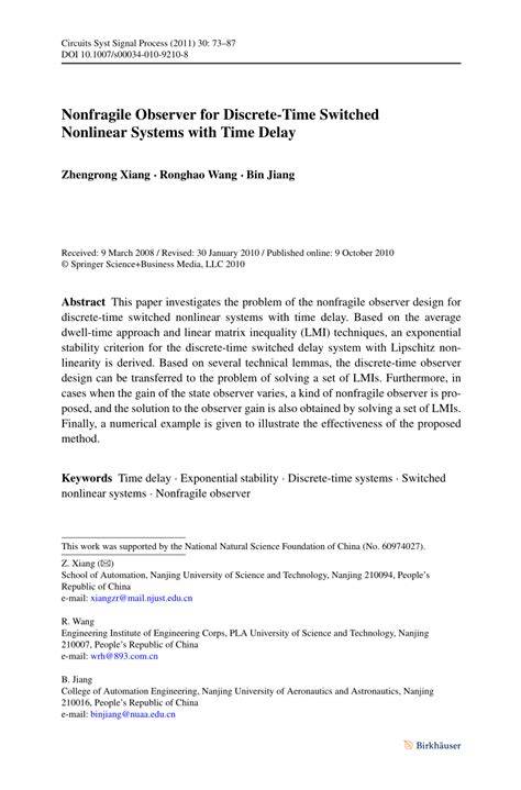 Pdf Nonfragile Observer For Discrete Time Switched Nonlinear Systems