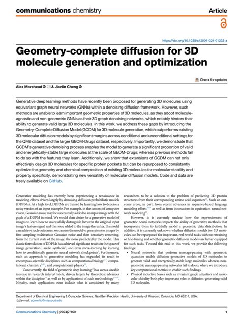 Morehead And Cheng 2024 Geometry Complete Diffusion For 3d Molecule Genera Pdf Molecules