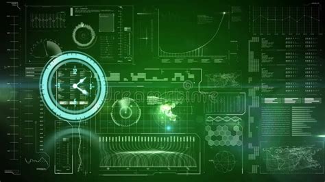 Animation Of Clock And Data Processing On Green Background Stock