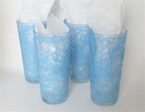 Vintage Blue Spaghetti String Glass Tumblers Set
