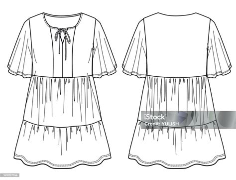 볼륨있는 미니 드레스 프릴 벡터 스케치 둥근 목 드레스 패션 Cad 기술 도면 플랫 모의 템플릿과 트렌디 한 드레스 저지 또는