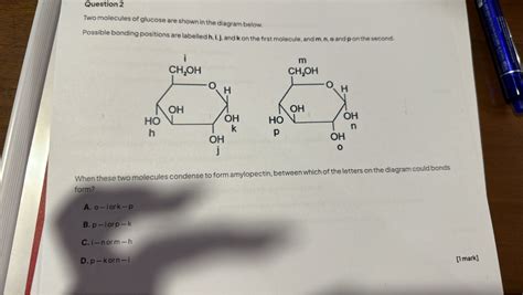 Question 2two Molecules Of Glucose Are Shown In The Diagram Below Possi