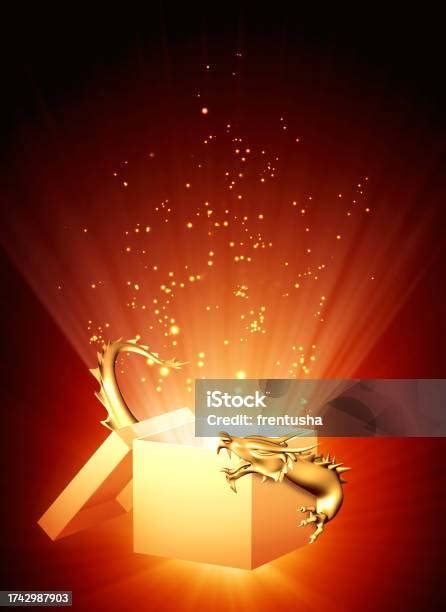 황금 용이 있는 중국 설날 배경과 반짝이는 빨간색 배경에 빈 마술 상자 세로 음력설 배경에는 아시아 용과 선물 상자가 있다 3d