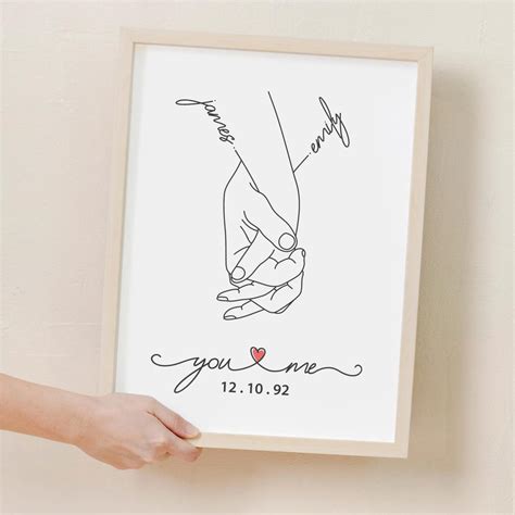 Personalized Holding Hands Line Art Print Couple Names Anniversary