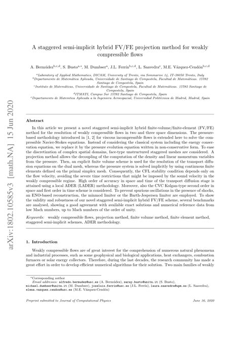 Pdf A Staggered Semi Implicit Hybrid Fvfe Projection Method For Weakly Compressible Flows