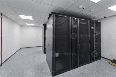 Data Center With Multiple Rows Of Fully Operational Server Racks Modern Telecommunications
