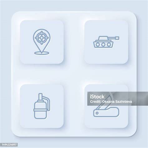 세트 라인 목표 스포츠 군용 탱크 수류탄 및 스위스 군용 칼 흰색 사각형 버튼입니다 벡터 러시아에 대한 스톡 벡터 아트 및 기타