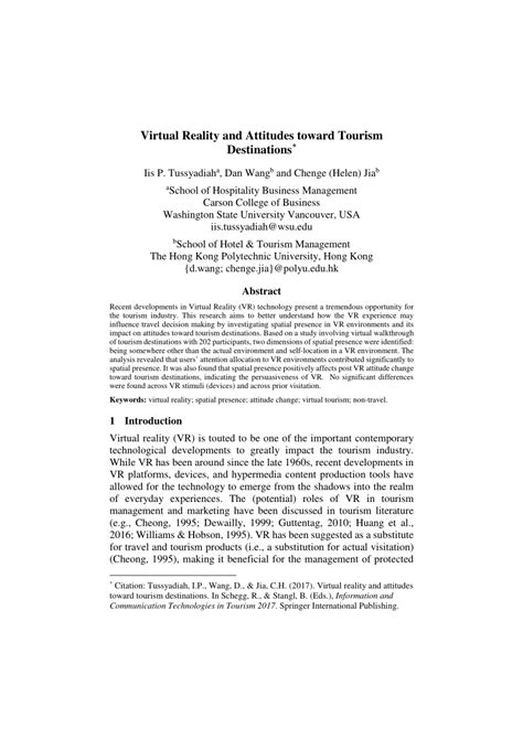 Pdf Virtual Reality And Attitudes Toward Tourism Destinations
