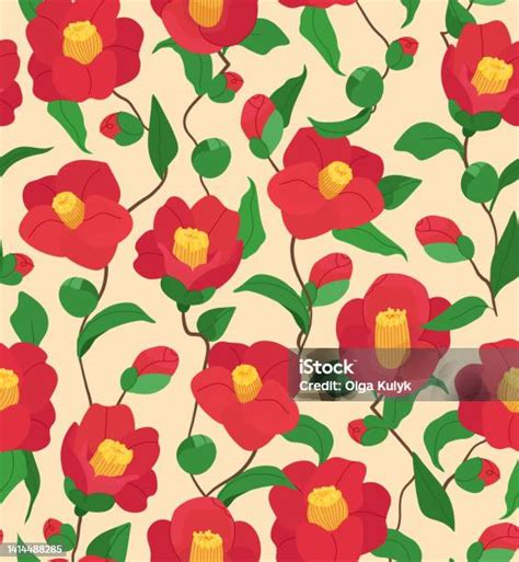 베이지 색 배경에 잎이 매끄러운 벡터 패턴이있는 붉은 동백꽃 브랜딩 패키지 직물 및 섬유 포장지를위한 꽃 삽화 0명에 대한 스톡 벡터 아트 및 기타 이미지 Istock