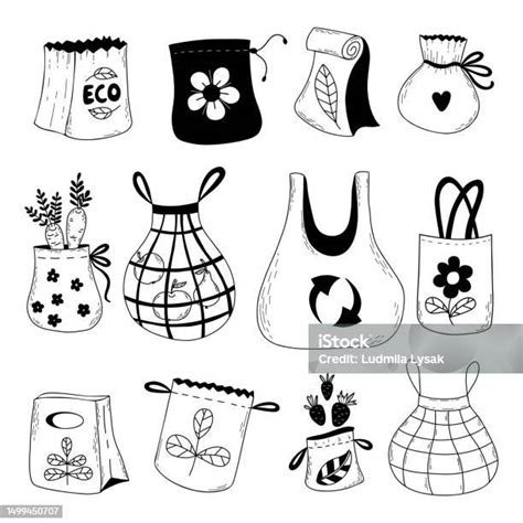 에코 백 낙서 수집 종이 식료품 가방 친환경 섬유 패키지 및 그물 벡터 그림입니다 격리된 손 그림 환경 보호 가방에 대한 스톡 벡터 아트 및 기타 이미지 Istock
