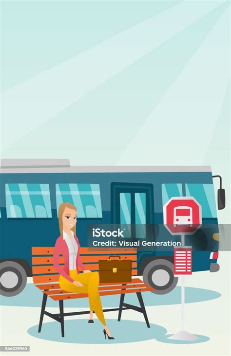 白種女人在等一輛公車在公車站向量圖形及更多一個人圖片 一個人 上下班的人 乘客 Istock