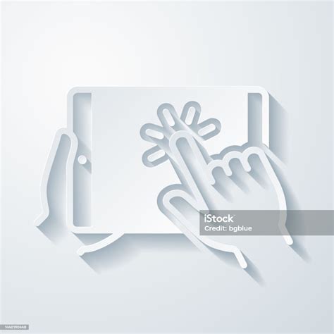 손 터치 스크린 태블릿 Pc 빈 배경에 종이 잘라내기 효과가 있는 아이콘 3차원 형태에 대한 스톡 벡터 아트 및 기타 이미지 3차원 형태 가리키기 가볍게 두드리기