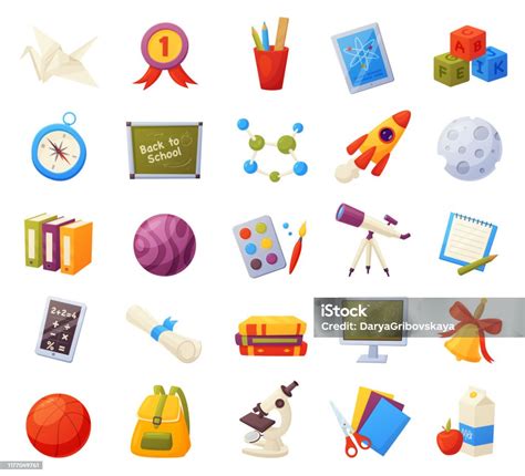만화 학교 용품 세트입니다 책 공 태블릿 종 연필 로켓 행성 및 기타의 벡터 요소 교사의 날과 학교 배너 방문 페이지 및 웹