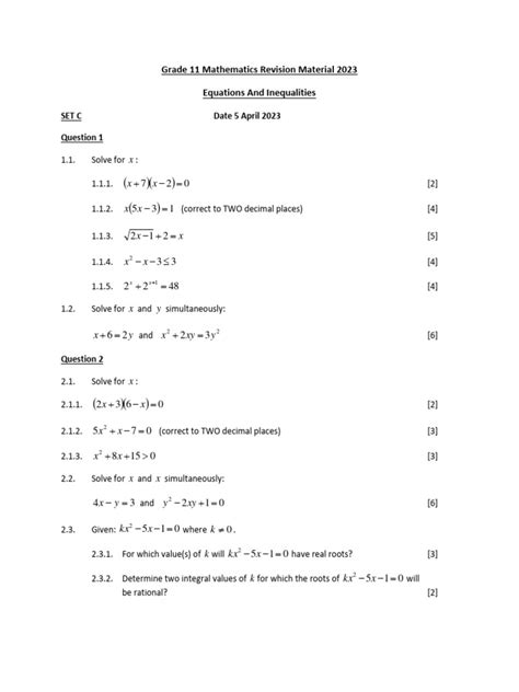 Grade 11 Mathematics Revision Pdf Quadratic Equation Applied