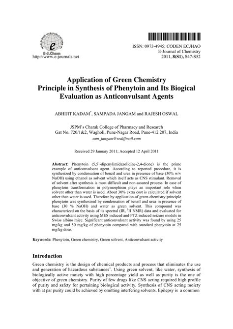 Pdf Application Of Green Chemistry Principle In Synthesis Of Phenytoin And Its Biogical