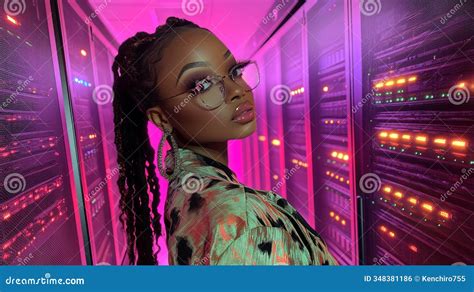Confident Woman Inspecting Server Racks In Modern Data Center Stock