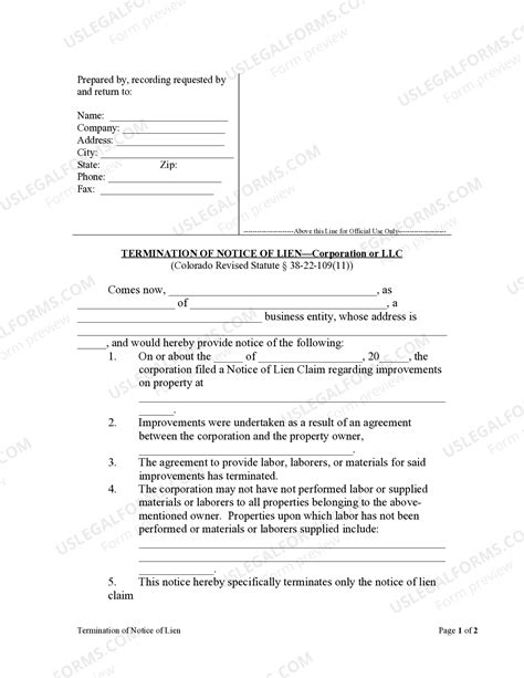Colorado Termination Of Notice Of Lien By Corporation Us Legal Forms