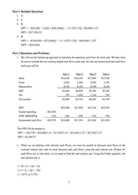 Lecture 2 Exercise Sol Part 1 Multiple Questions 1 A 2 C 3 D NPV 62 000 3 000 Studocu