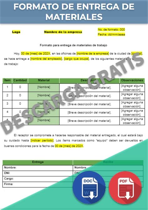 Formato Entrega De Materiales Ejemplos Formatos Word Excel