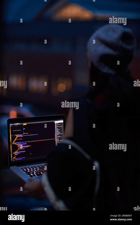 Hacker Night And Programming With Person And Laptop Screen For