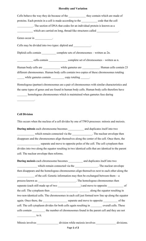 Heredity Variation And Cell Division Worksheet