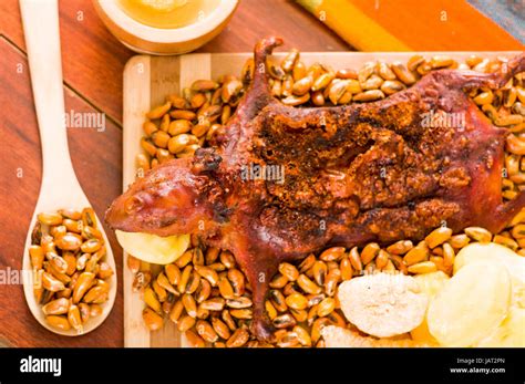 Closeup Traditional Ecuadorian Dish Grilled Guinea Pig Spread Out Onto