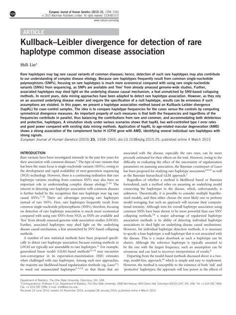 Pdf Kullbackleibler Divergence For Detection Of Rare Haplotype Common Disease Association