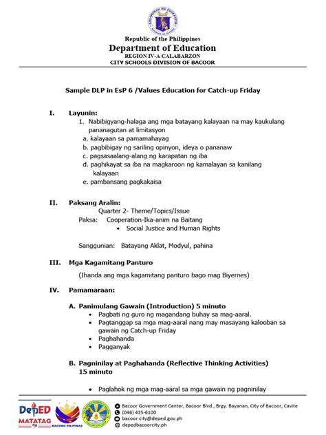 Sample Values Education Dlp For Catch Up Friday Pdf