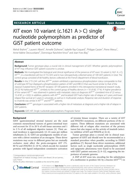 Pdf Kit Exon 10 Variant C 1621 A C Single Nucleotide Polymorphism As Predictor Of Gist