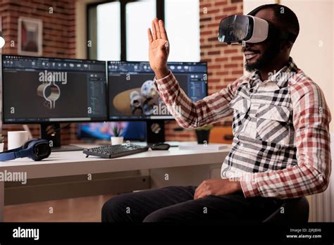 Engineer With Vr Goggles Developing Industrial Product On Manufacturing