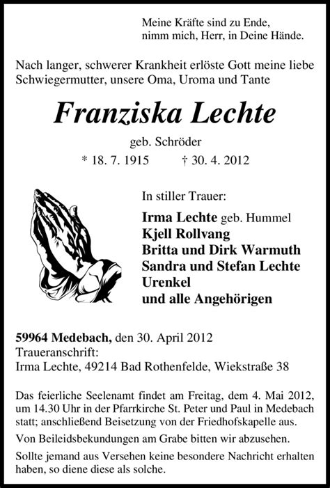 Traueranzeigen Von Franziska Lechte Trauer In Nrw De