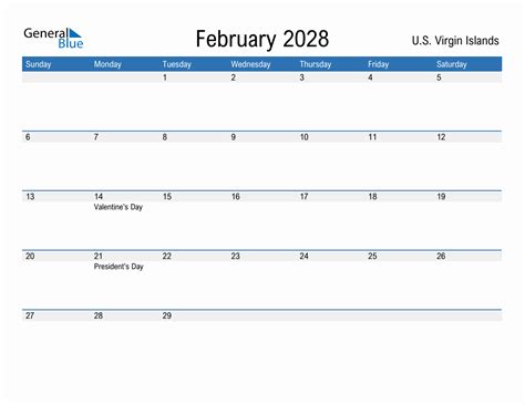 Editable February 2028 Calendar With Us Virgin Islands Holidays