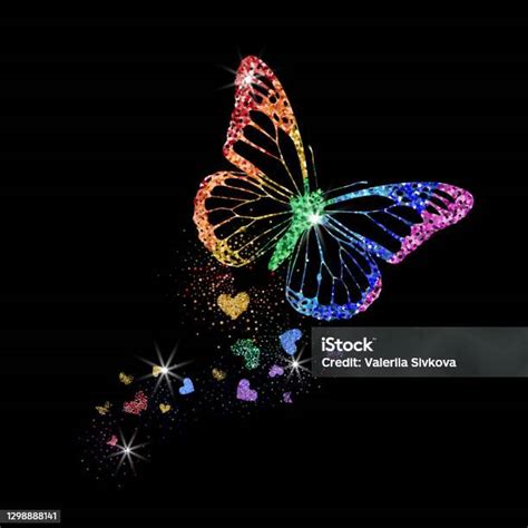 무지개 색은 하트와 나비 반짝입니다 발렌타인 데이 결혼식 어린이 브랜딩 라벨 배너 또는 Lgbt 기호에 대한 검은 배경에