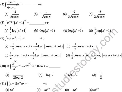 Jee Mathematics Indefinite Integrals Mcqs Set C With Answers
