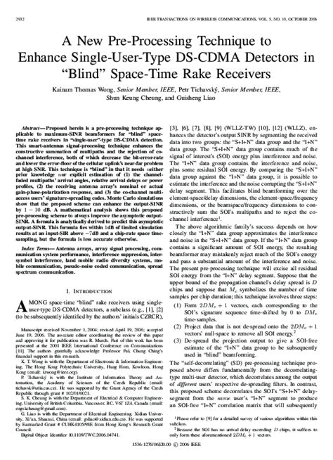 Pdf New Pre Processing Technique To Enhance Single User Type Ds Cdma Detectors In Blind