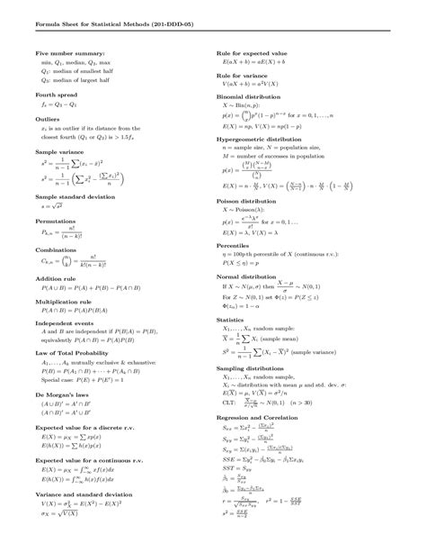 Statistics Mathematics Formula Sheet Docsity