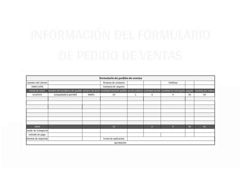 Plantilla De Formato Excel Información Del Formulario De Pedido De