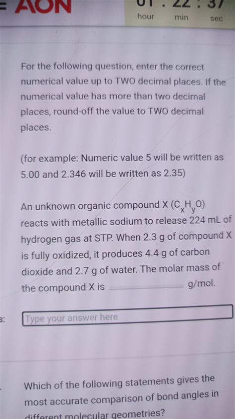 For The Following Question Enter The Correct Numerical Value Up To Two D