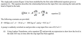 Answered The Single Tank System Figure 1 Has Been Modelled By The First Order Differential