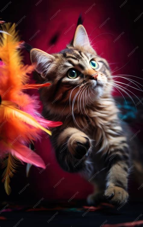 Premium Ai Image Agile Cat Pouncing On Feather With Joy