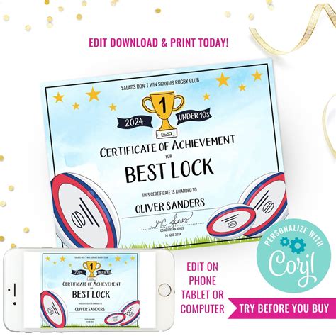 Rugby Printable Award Certificate Rugby Party Printable Rugby Award Printable Certificate