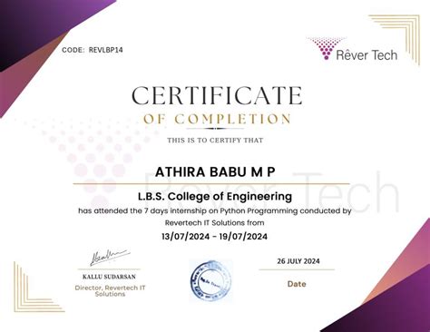 Completed A 7 Day Python Internship With Revertech Athira Babu Mp