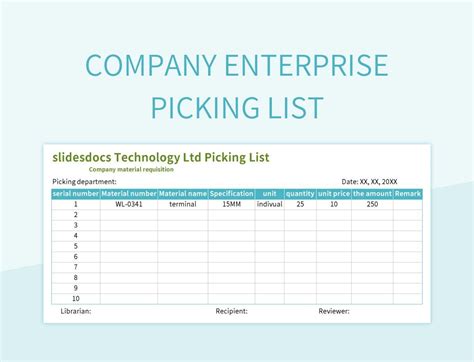 Company Enterprise Picking List Excel Template And Google Sheets File For Free Download Slidesdocs